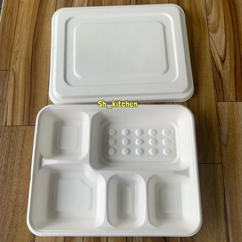 Jual Bagasse Lunch Box 5 compartment + TUTUP Bento Box Sekat 5 Eco Friendly | Shopee Indonesia