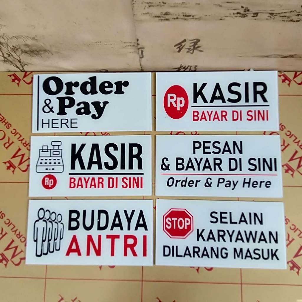 Jual Label Akrilik Kasir/Budaya antri/ Pesan dan Bayar disini / Selain ...