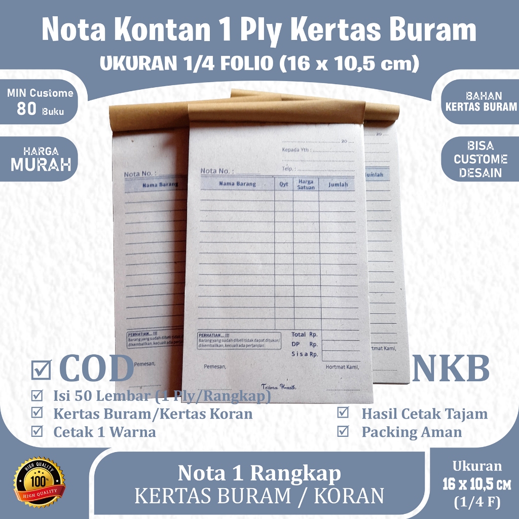 Jual Nota 1/4 Folio tanpa rangkap, Nota Kontan 1 Play Bahan Kertas ...