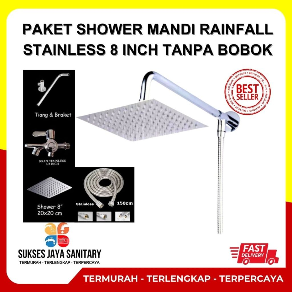Jual Shower Kamar Mandi Rainfall 8 inch Stainless Satu Set / Shower ...