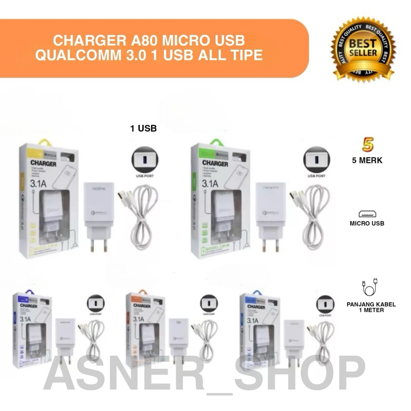 Jual Charger A80 1 usb Cas Micro Branded Semua Merek All tipe | Shopee ...