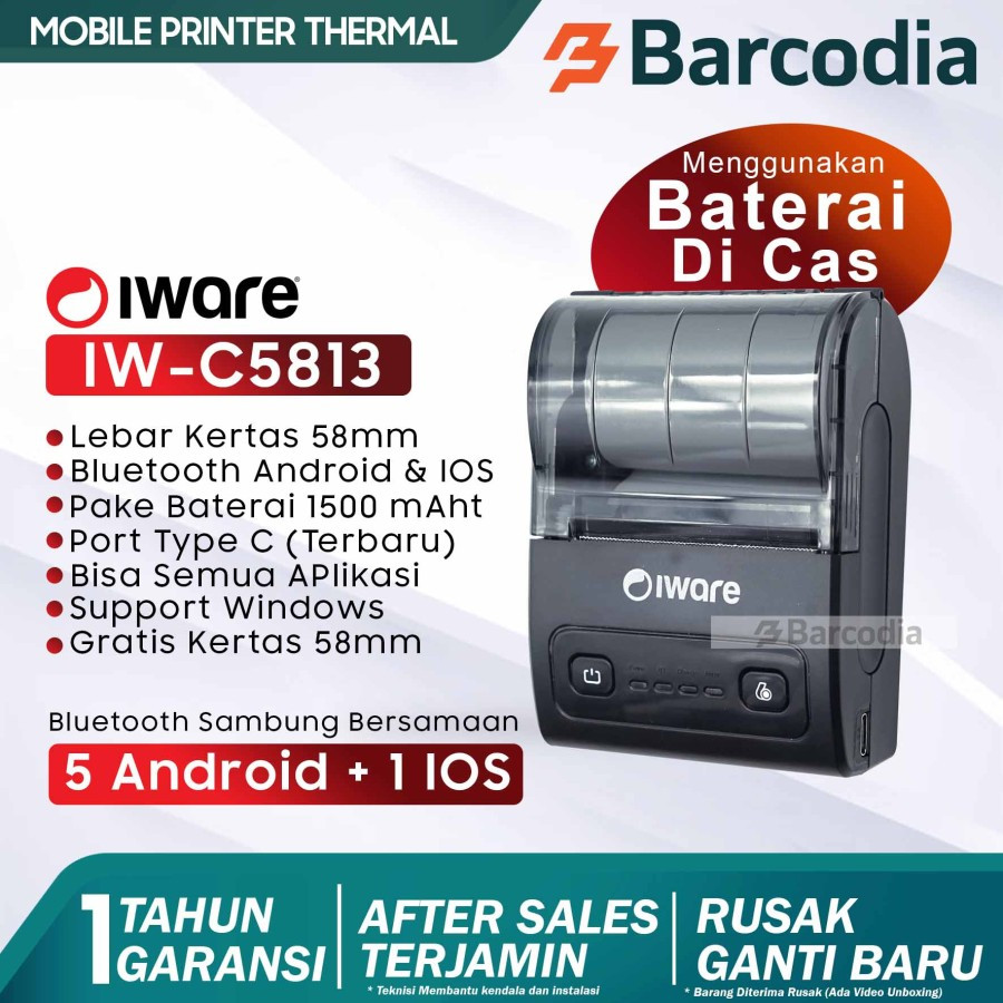 Jual BARCODIA Mobile Printer Bluetooth Thermal 58mm Iware C5813 | Shopee Indonesia