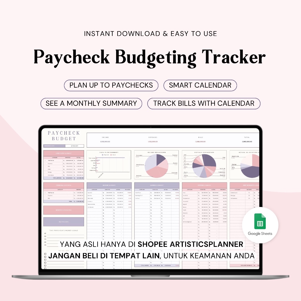 Jual Paycheck Budgeting Tracker Budget Spreadsheet | Monthly Budget ...