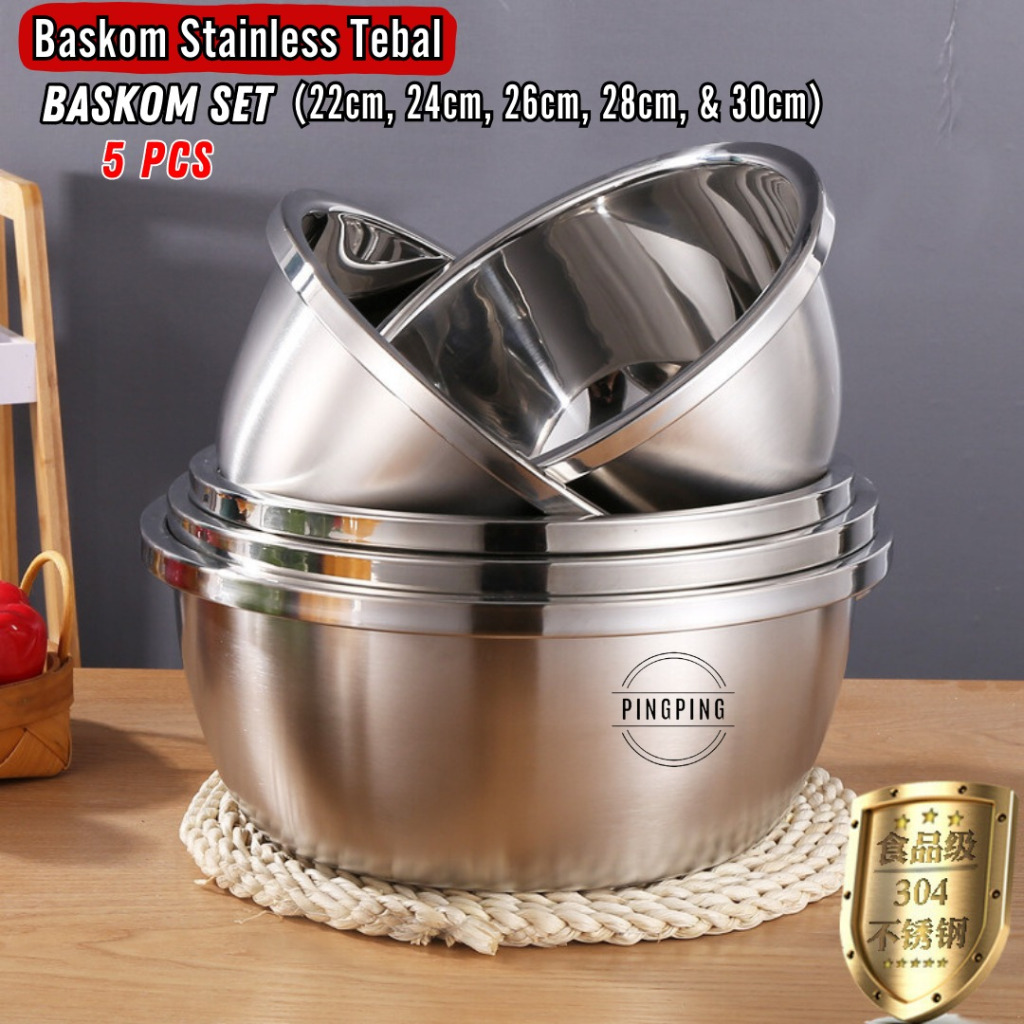 Jual Baskom Set Stainless Tebal 5IN1 Wadah Cuci Beras Buah Sayur / Set ...