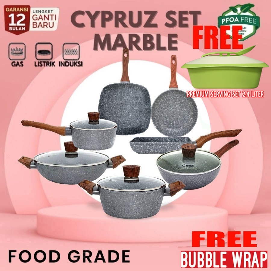 Jual Paket Cookware Cypruz Set Wok Sauce Pan Frypan Cyprus Marble 7 Pcs Panci Wajan Penggorengan ...