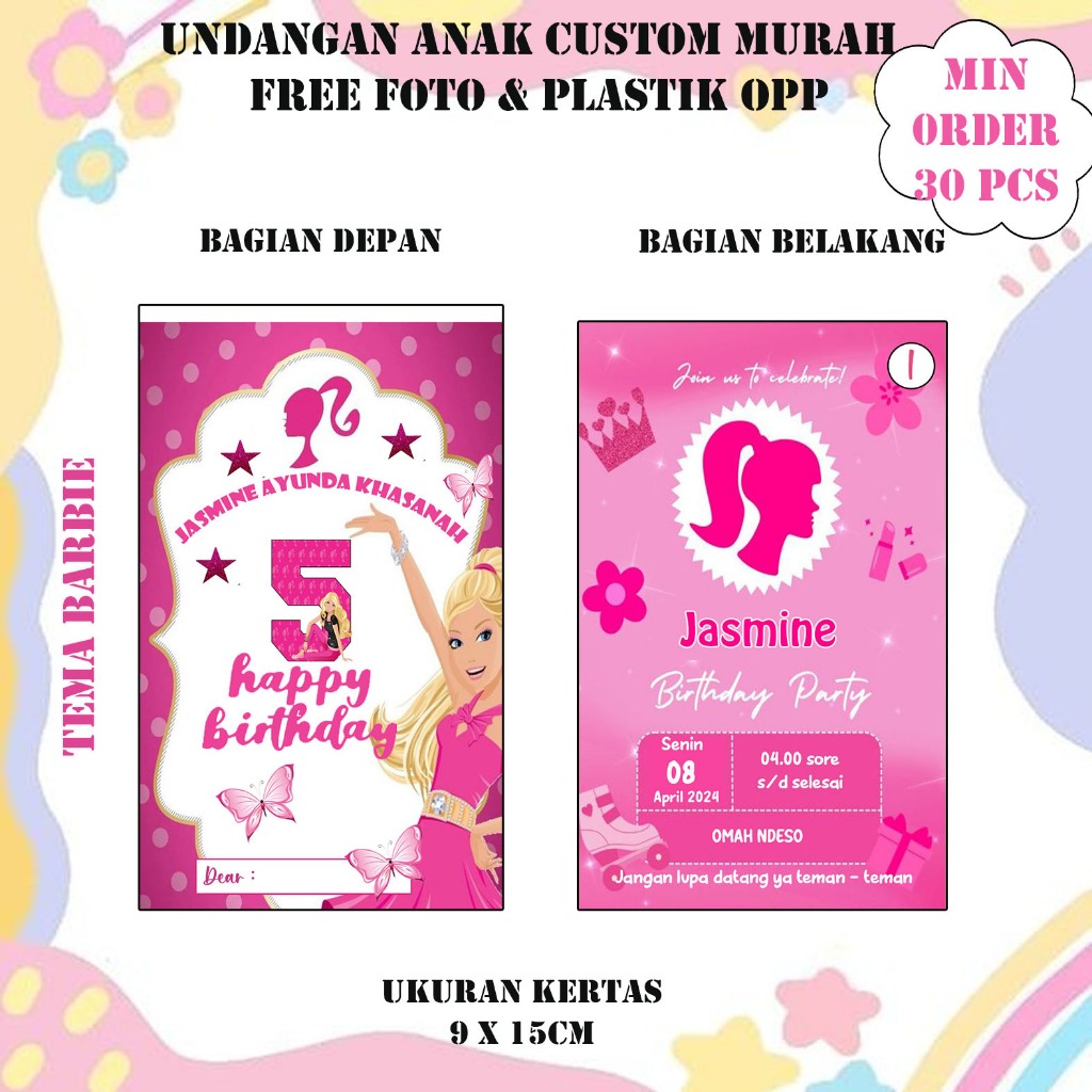 Jual UNDANGAN ULANGTAHUN ANAK CUSTOM TEMA BARBIE | Shopee Indonesia