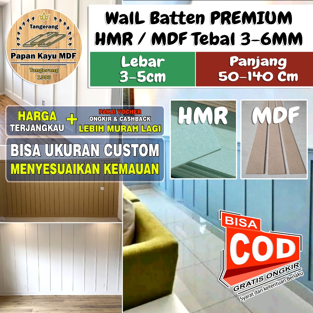 Jual WallBatten Dinding HMR Hijau / MDF Coklat PREMIUM KETEBALAN 3MM 4MM Panjang 100Cm List Wall ...