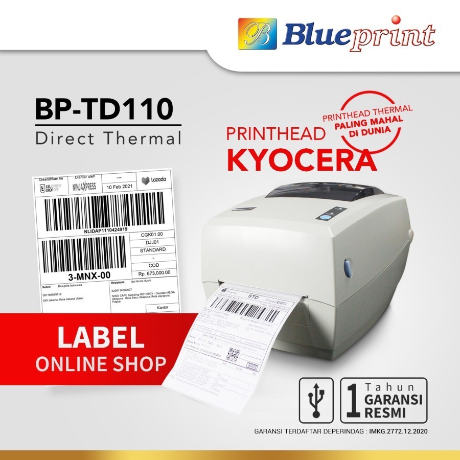 Jual PRINTER BARCODE THERMAL BLUEPRINT TD110 USB - LABEL RESI UKURAN A6 ...