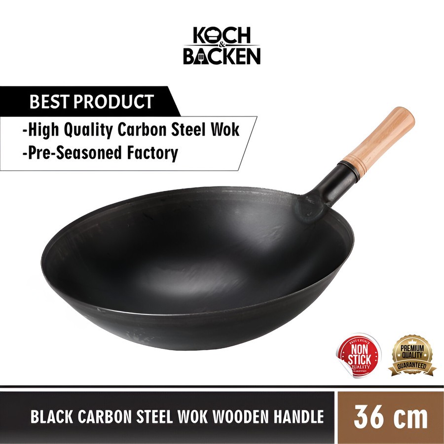 Jual KOCH&BACKEN Black Carbon Steel Wok 36cm Wajan Gagang Kayu Deep ...