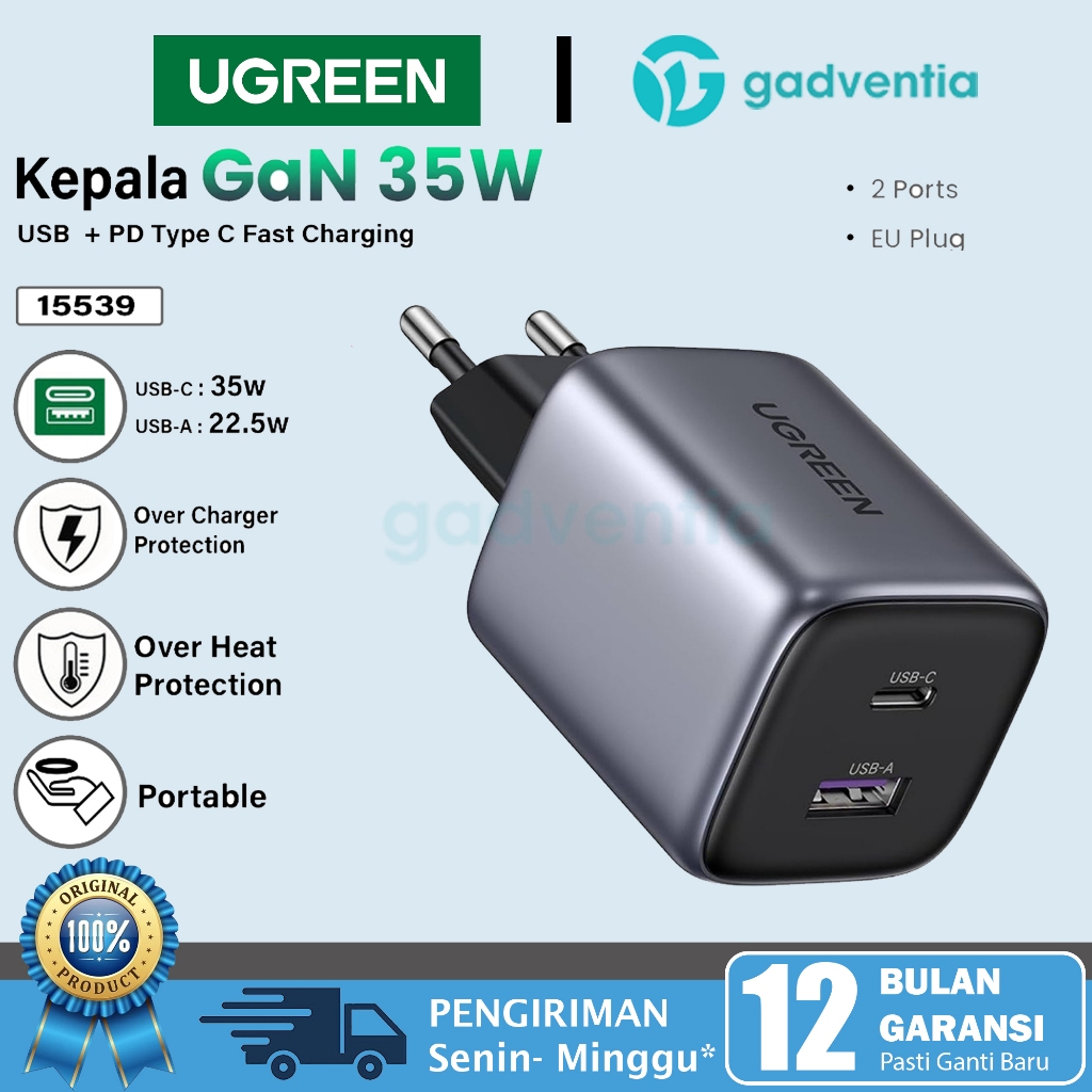 Jual UGREEN Kepala Charger GaN Dual Port USB A & USB Type C Adaptor ...