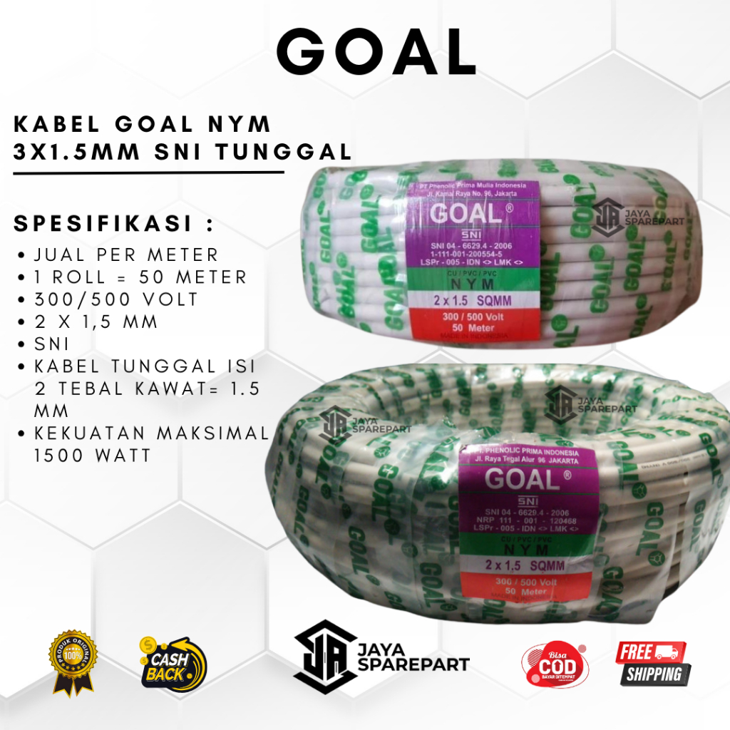 Jual Kabel Goal NYM 2x1.5mm SNI Tunggal 2 Kabel 50 meter | Kabel ...