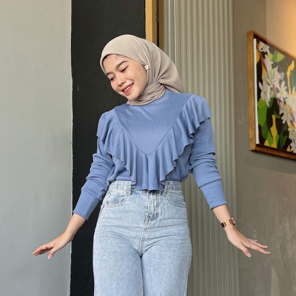 Jual Kaos lengan panjang Rumbai Knit rib model terbaru Atasan Ruffle ...