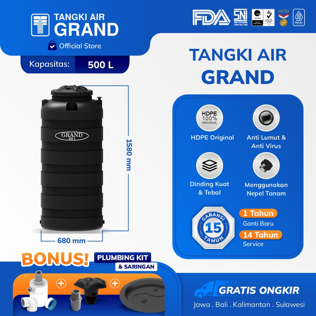 Jual Grand Tandon Toren Tangki Air Slim 500 L Anti Lumut Garansi 15 Tahun | Shopee Indonesia
