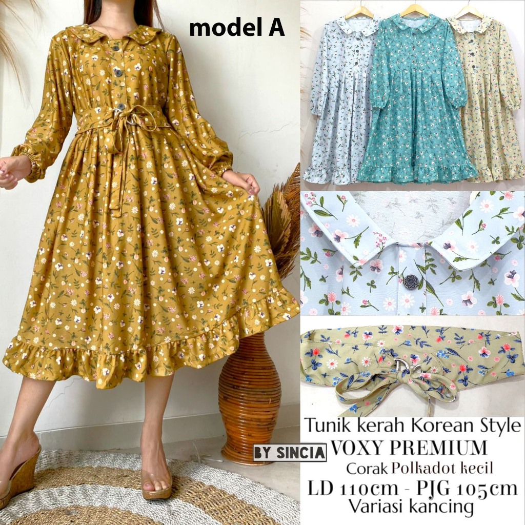 Jual Tunik rempel kerah korea model kancing motif bunga putih tali ...