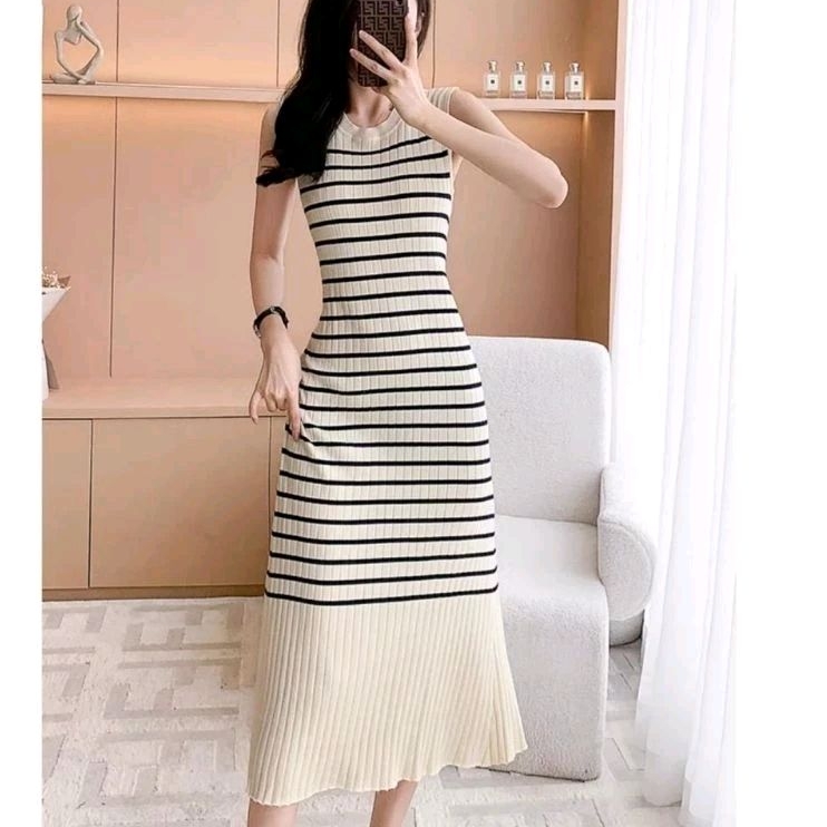 Jual D8378 Baju mididress ROANA STRIPED RAJUT KNIT MIDI DRESS HALTER neck bodycon dres lengan ...