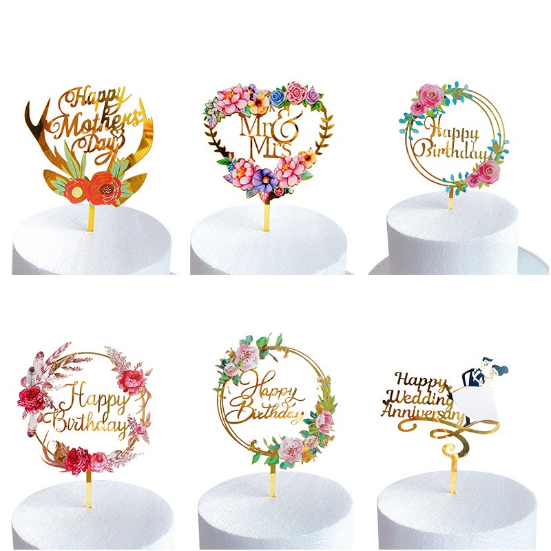 Jual Cake Topper Tulisan Akrilik Motif Bunga Wedding Valentine Happy ...