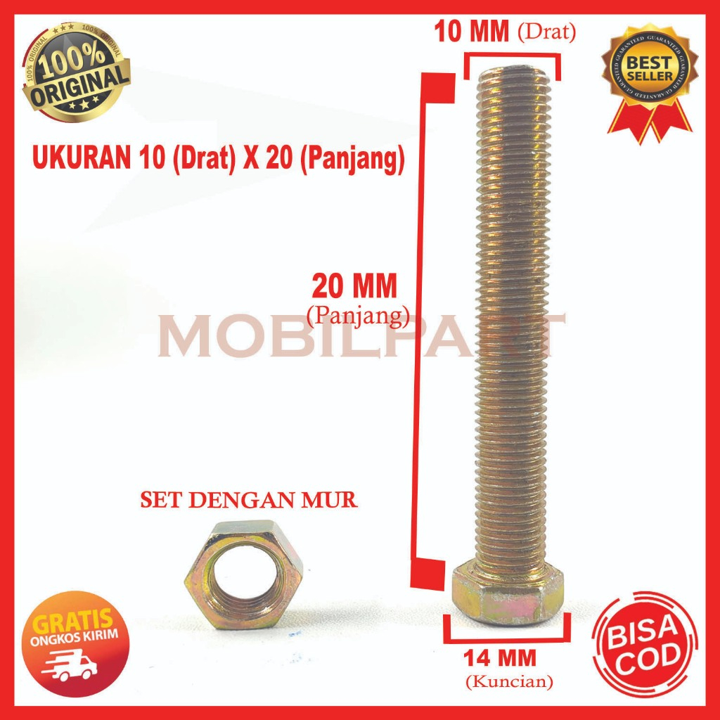 Jual BAUT MUR M10 10 X 20 - 10 X 100 KUNCIAN 14 MM | Shopee Indonesia