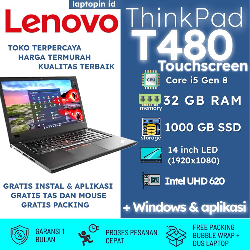 Jual LAPTOP LAYAR SENTUH LENOVO THINKPAD T480 T580 I5 GEN 8 32GB 1000GB ...
