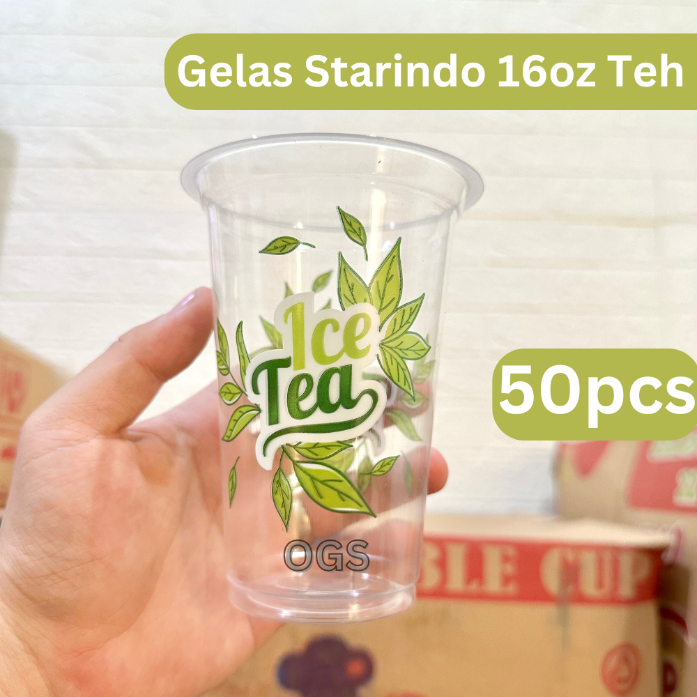 Jual Gelas Plastik Starindo 16oz Datar isi 50pcs 5gram Ice Tea Motif ...