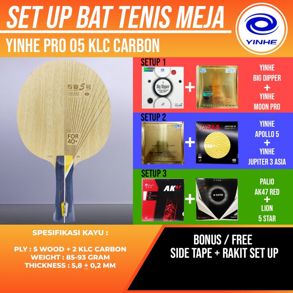 Jual Paket Bat Pingpong Rakitan Yinhe Pro 05 KLC Carbon Lion Palio ...