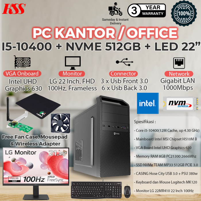 Jual Komputer/PC Rakitan I5 10400 Box, NVME 512GB, RAM 8GB DDR4 + Monitor LED 22 Inch ...