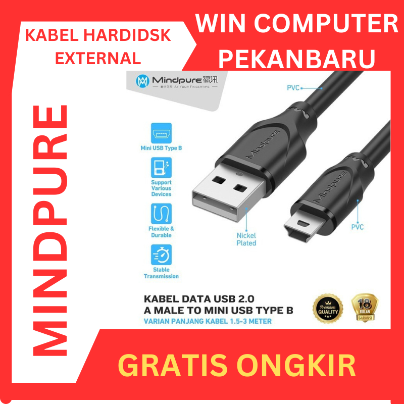 Jual MINDPURE KABEL USB TO MINI 5PIN 1.5METER/ KABEL HARDDISK EXTERNAL ...