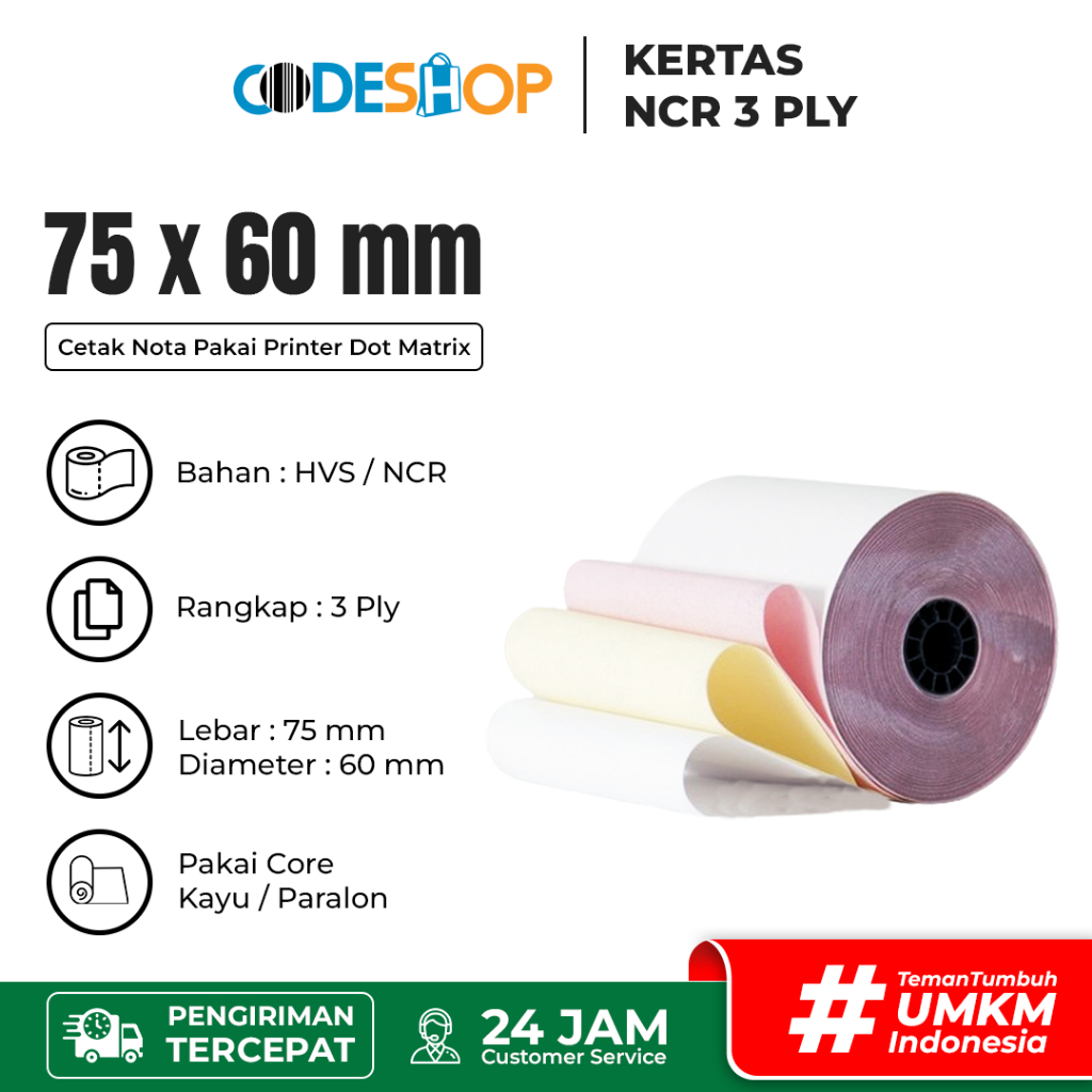 Jual KERTAS STRUK NCR 75 X 60 MM 3 PLY ROLL PRINTER DOT MATRIX EPSON ...