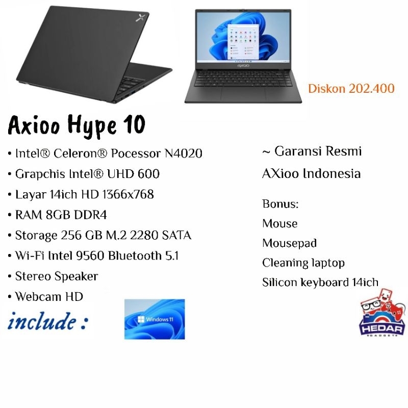 Jual Laptop Axioo Hype 10 Intel N4020 8Gb 256GB W11 14ich HD | Shopee ...