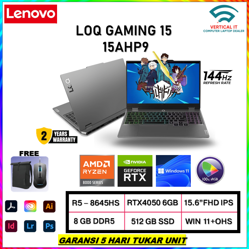 Jual Laptop Lenovo LOQ 15 Ryzen 5 8645HS RTX4050 6GB 8Gb Ram 512Gb Ssd Win 11+OHS 15.6 Inch Full ...