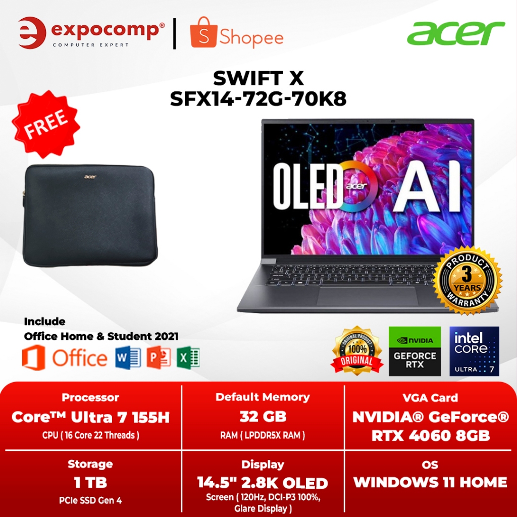 Jual ACER SWIFT X SFX14-72G-70K8 GREY ULTRA 7-155H RTX4060 32GB 1TB W11+OHS | Shopee Indonesia