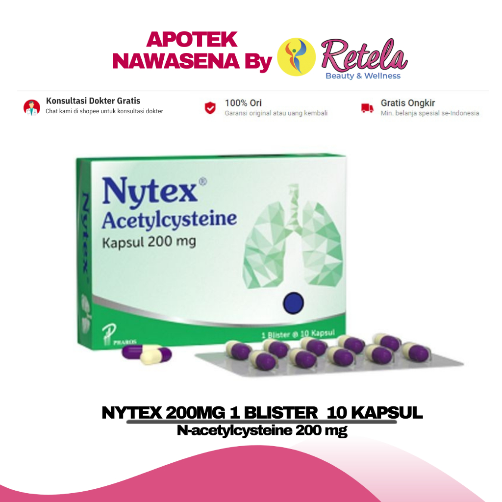 Jual NYTEX 200MG 1 BLISTER @10 KAPSUL / N-ACETYSISTEINE / PENGENCER ...