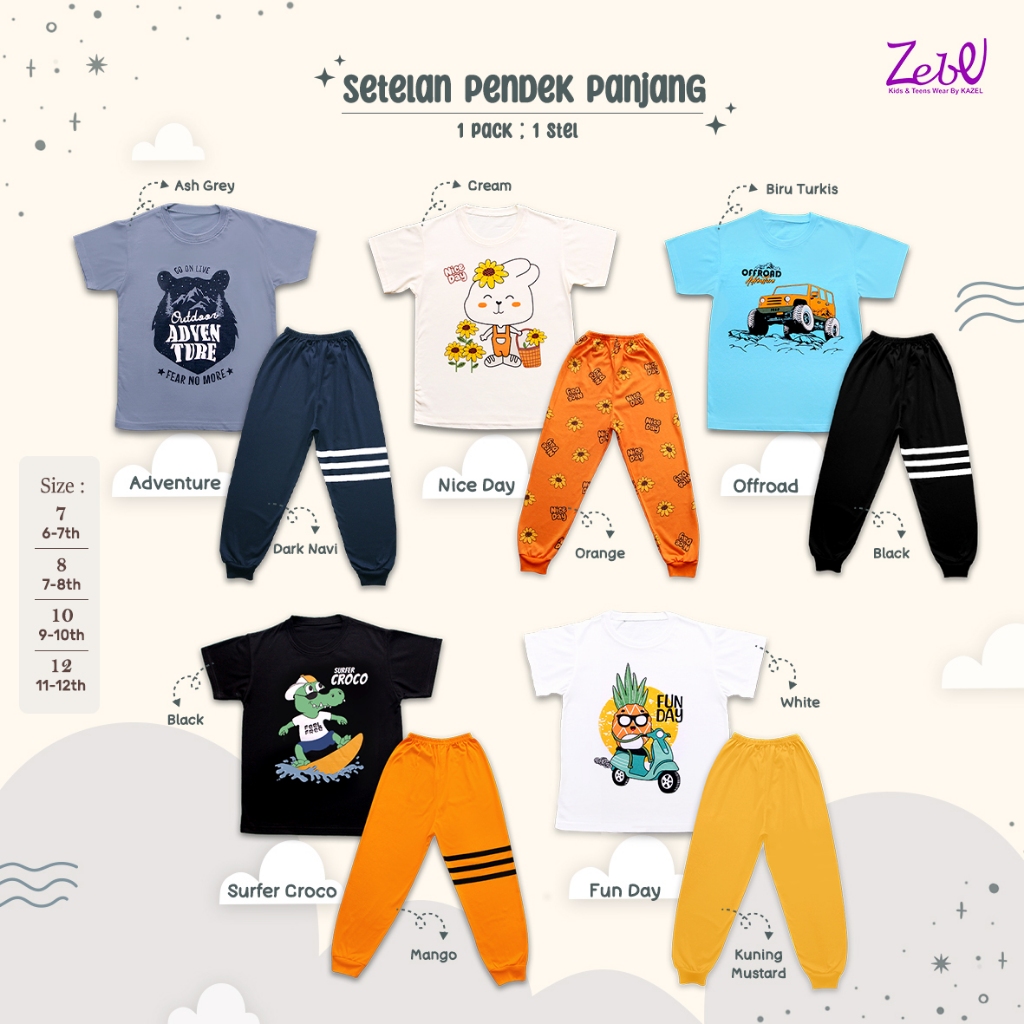 Jual KAZEL Zebe Setelan Pendek Panjang Unisex (1 Stel) 6-11Tahun | Shopee Indonesia