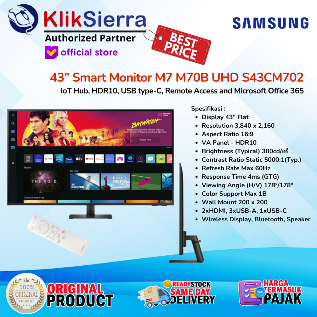 Jual Smart Monitor SAMSUNG 43" M7 M70B UHD 4K 4ms HDR10 LS43BM702 | Shopee Indonesia