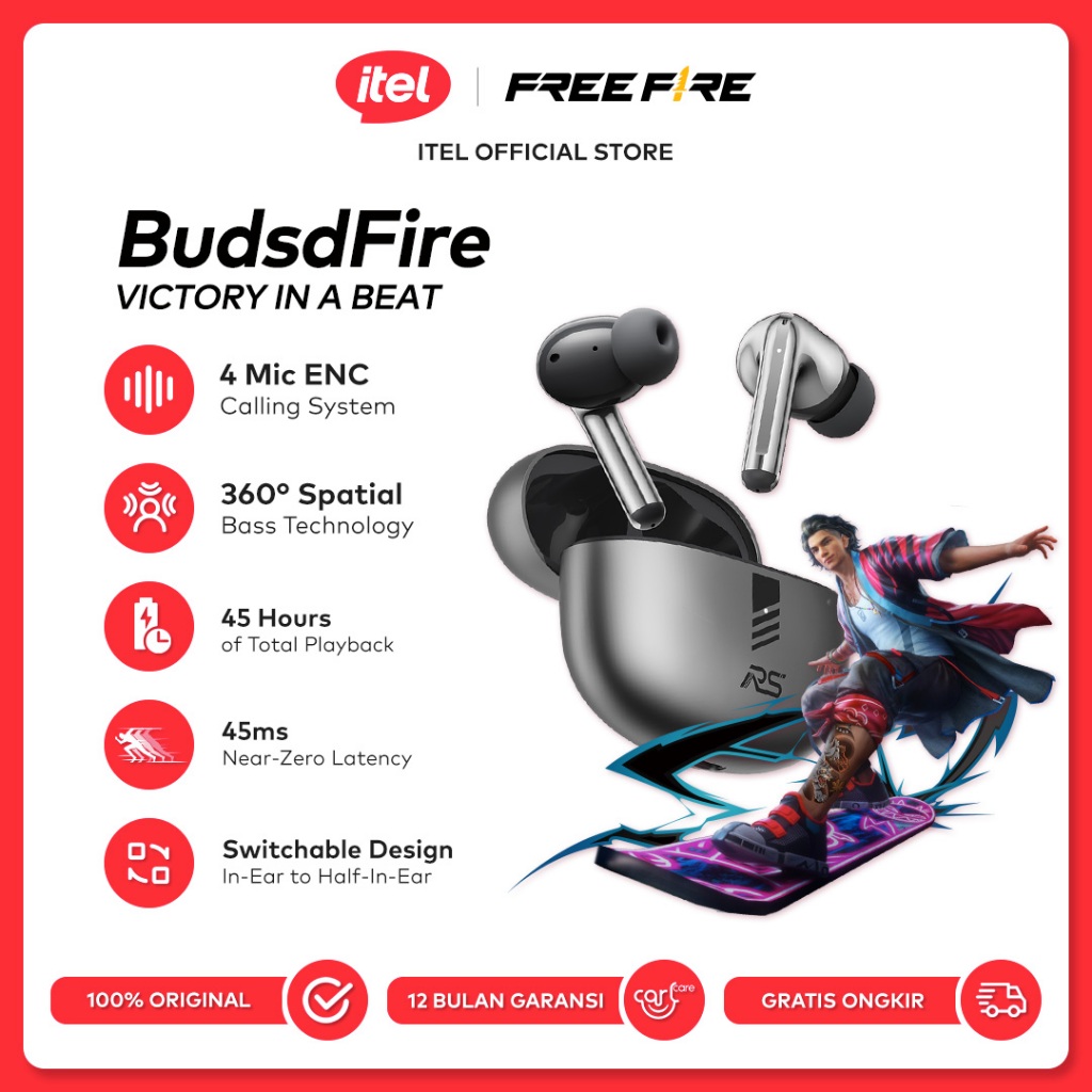 Jual Itel Official budsfire TWS Freefire Co-brand in-ear Earphones ...