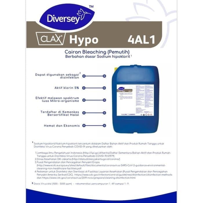 Jual Diversey Clax Hypo 4AL1 20Liter Cairan Bleaching (Pemutih ...