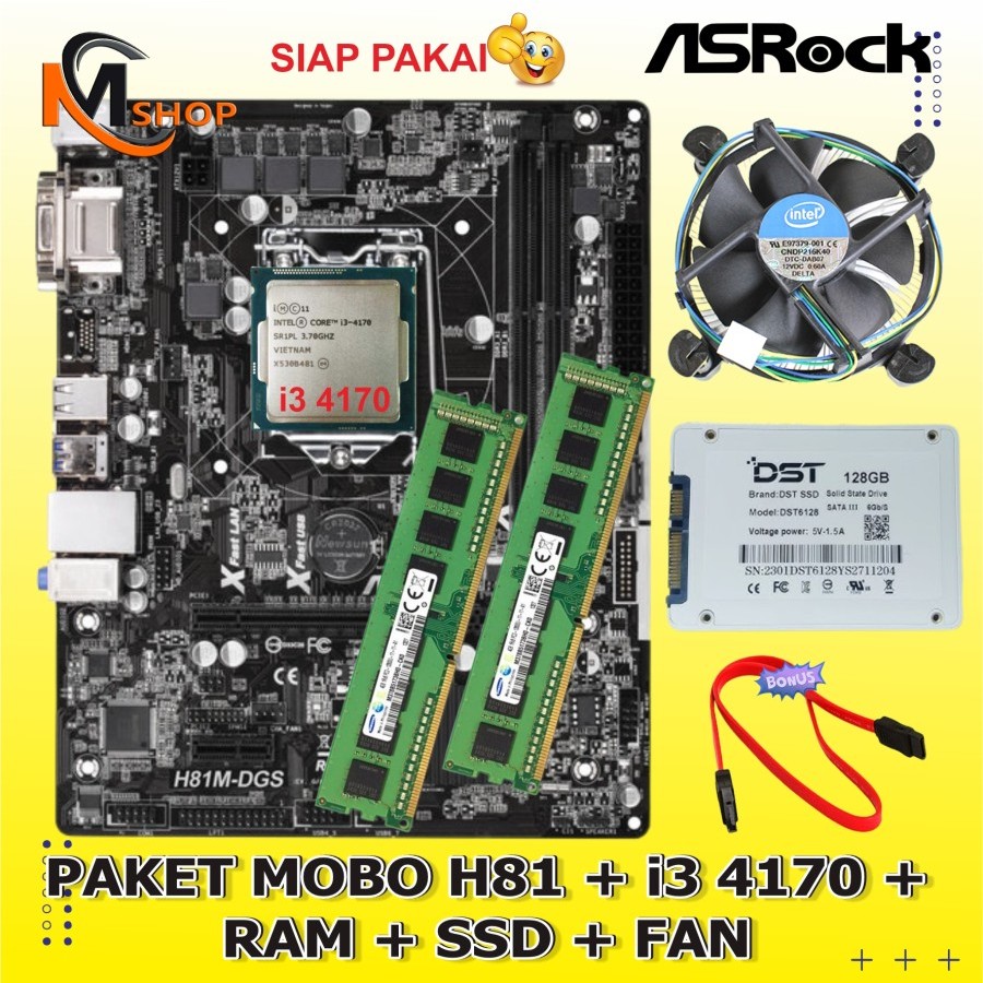 Jual Paket Mainboard Mobo H81 LGA 1150 + Processor Core i3 4170 + SSD + RAM DDR3 + Fan Siap ...