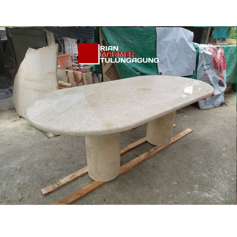 Jual Meja makan oval 2 kaki bulat tabung full batu marmer putih krem ...