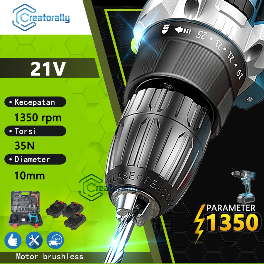 Jual CREATORALLY mesin bor baterai cordless brushless 21V Bor Listrik ...