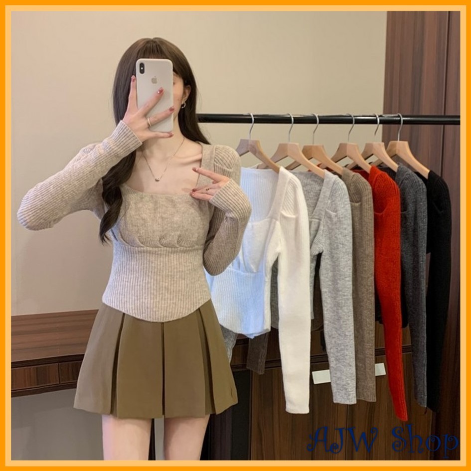 Jual AJW Atasan Wanita Long Sleeve Knit Lengan Panjang RAA | Baju Wanita Top Square Neck Lengan ...