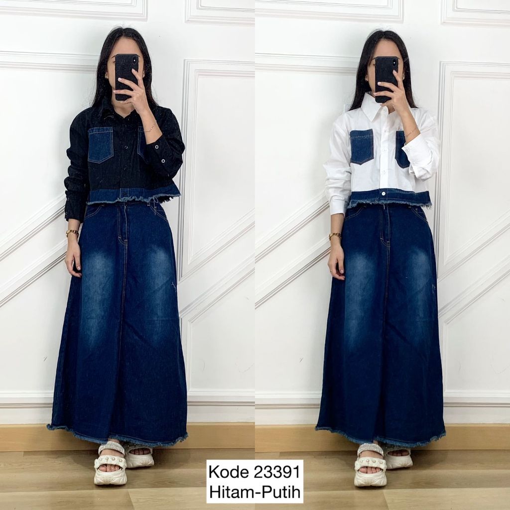 Jual 23391 ONE SET JEANS POLOS VARIASI CROP TOP KEMEJA LENGAN PANJANG ...