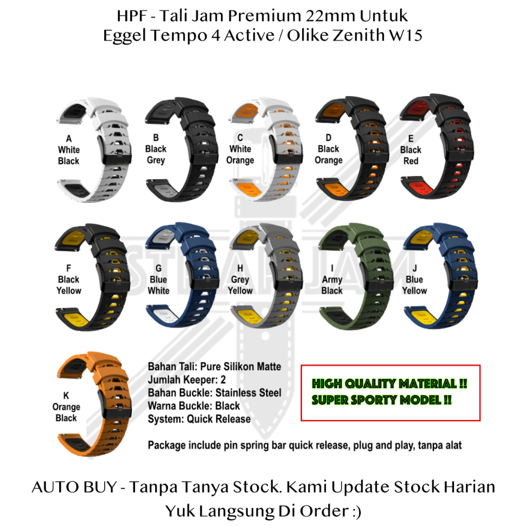 Jual GTO 22mm Strap Eggel Tempo 4 Active / Olike Zenith W15 - Tali Jam ...