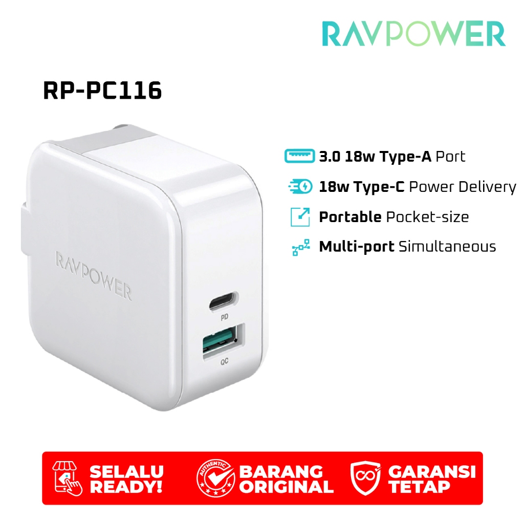 Jual RAVPower Wall Charger 2 Port PD18W+QC 3.0 with C to Lightning ...