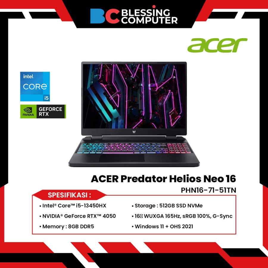 Jual ACER Predator Helios Neo 16 PHN16-71-51TN Core i5 13450HX 8GB ...
