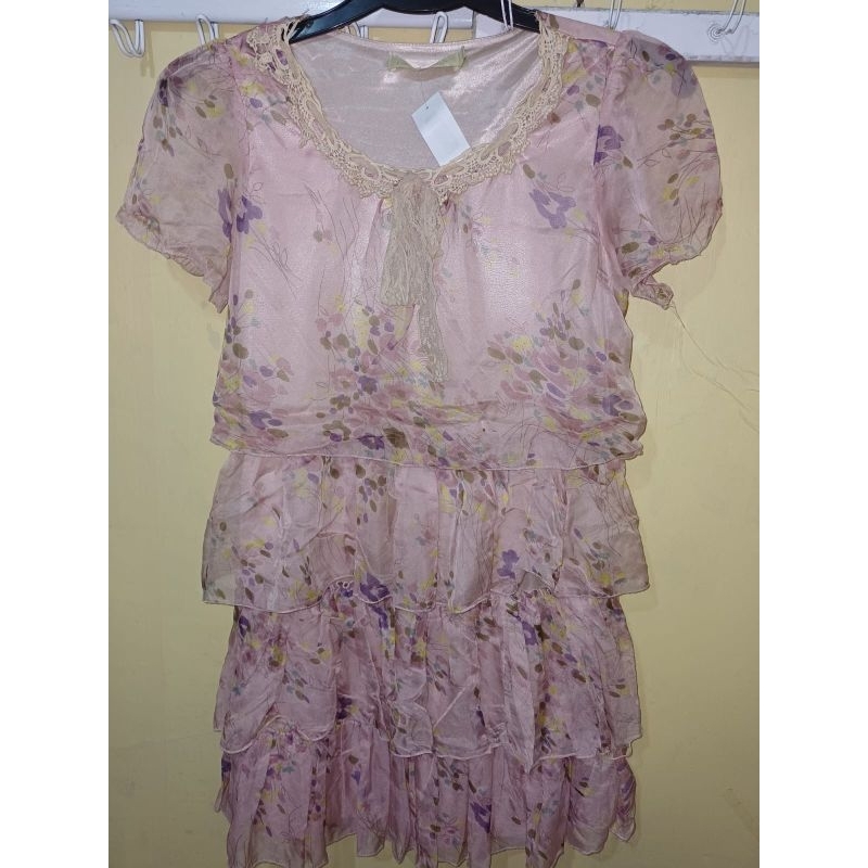 Jual Preloved mini Dress sifon warna soft pink bunga floral lengan ...