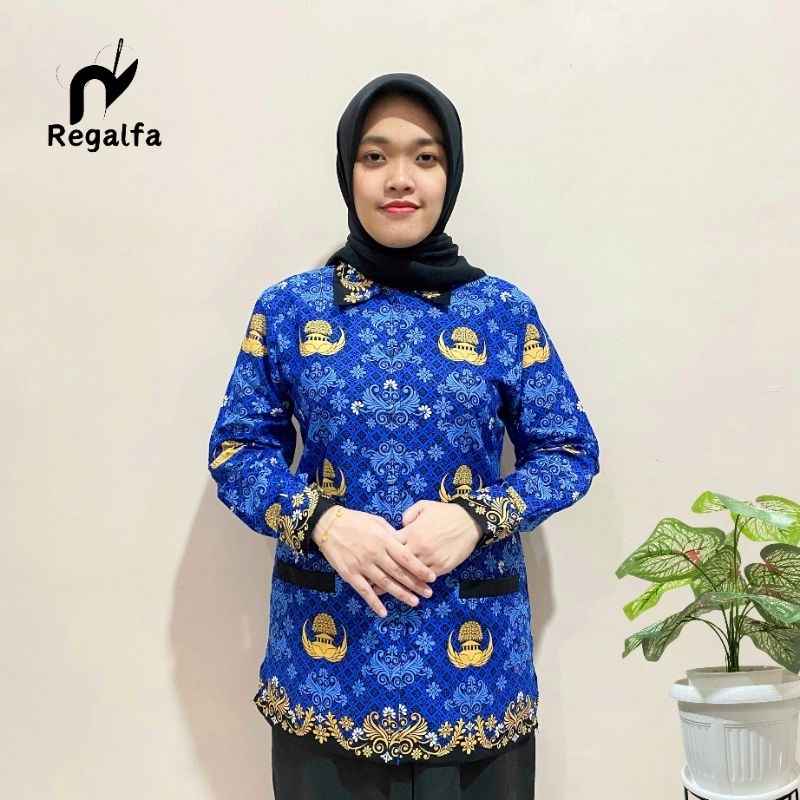 Jual Baju KORPRI Wanita Full Furing Motif Kerah Hitam ASN/PNS Kemeja Korpri Wanita Lengan ...