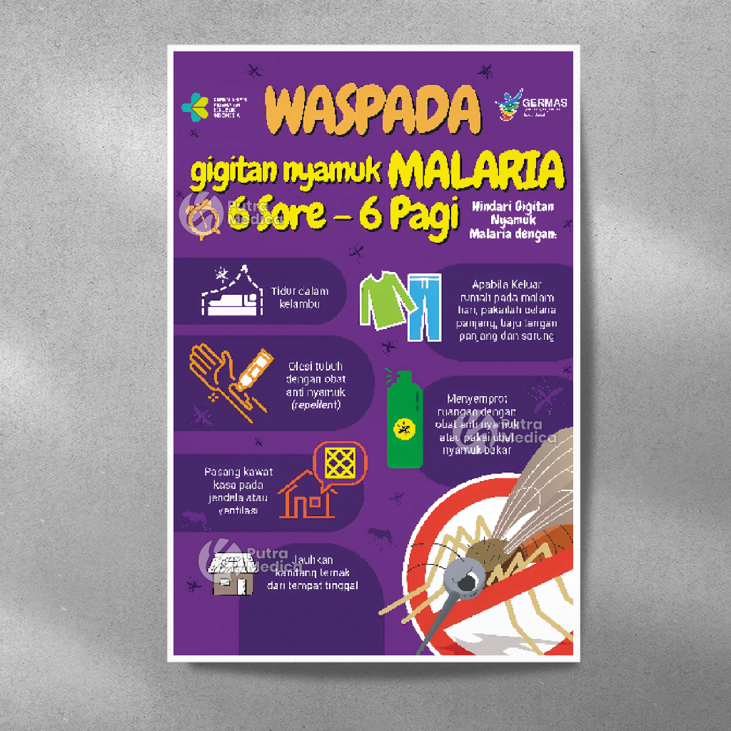 Jual Poster Kesehatan Waspada Malaria A3+ / Gambar Edukasi Menghindari Gigitan Nyamuk Anopheles ...