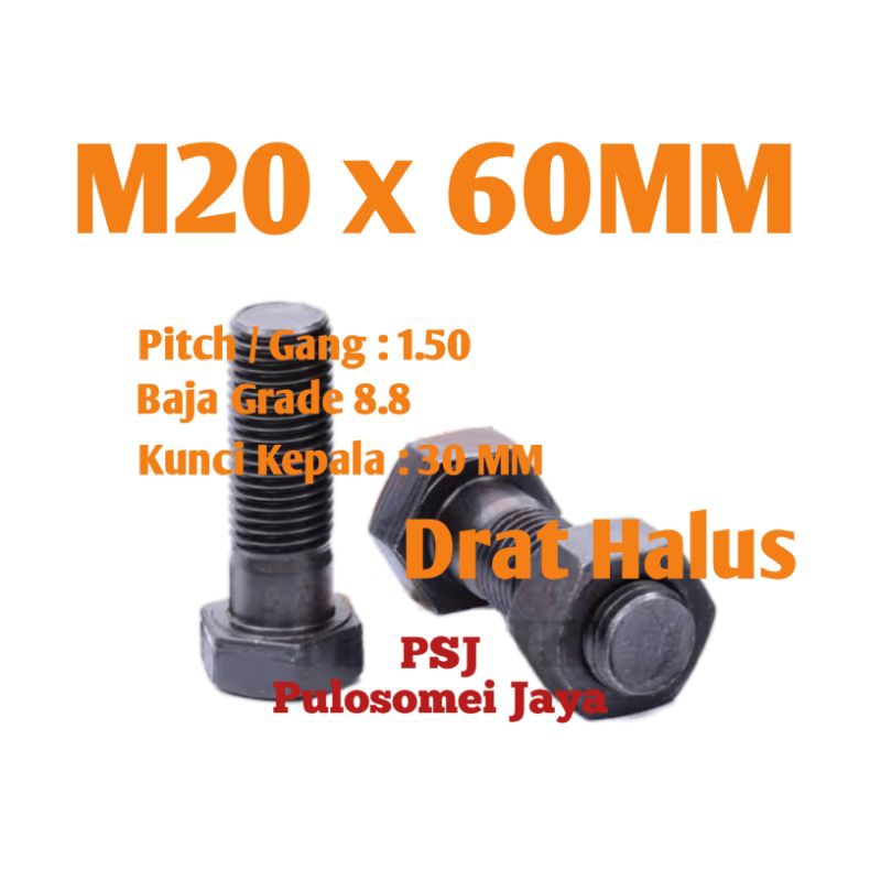 Jual Baut Mur Baja 8.8 Drat Halus M20 x 60 MM / Baja 8.8 Drat Halus | Shopee Indonesia