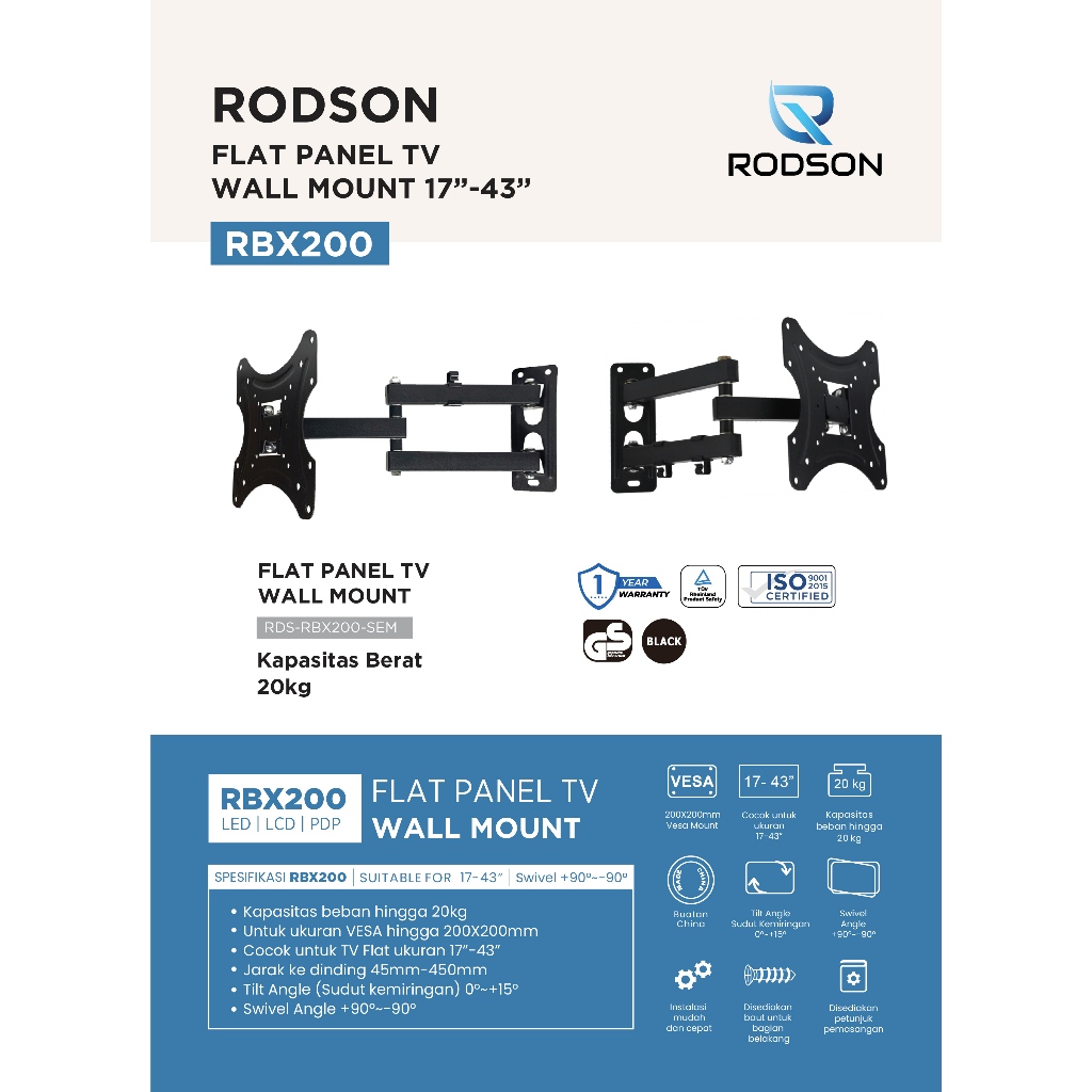 Jual Rodson bracket tv monitor 17"- 43" inch RBX200 Swivel tilt kanan ...