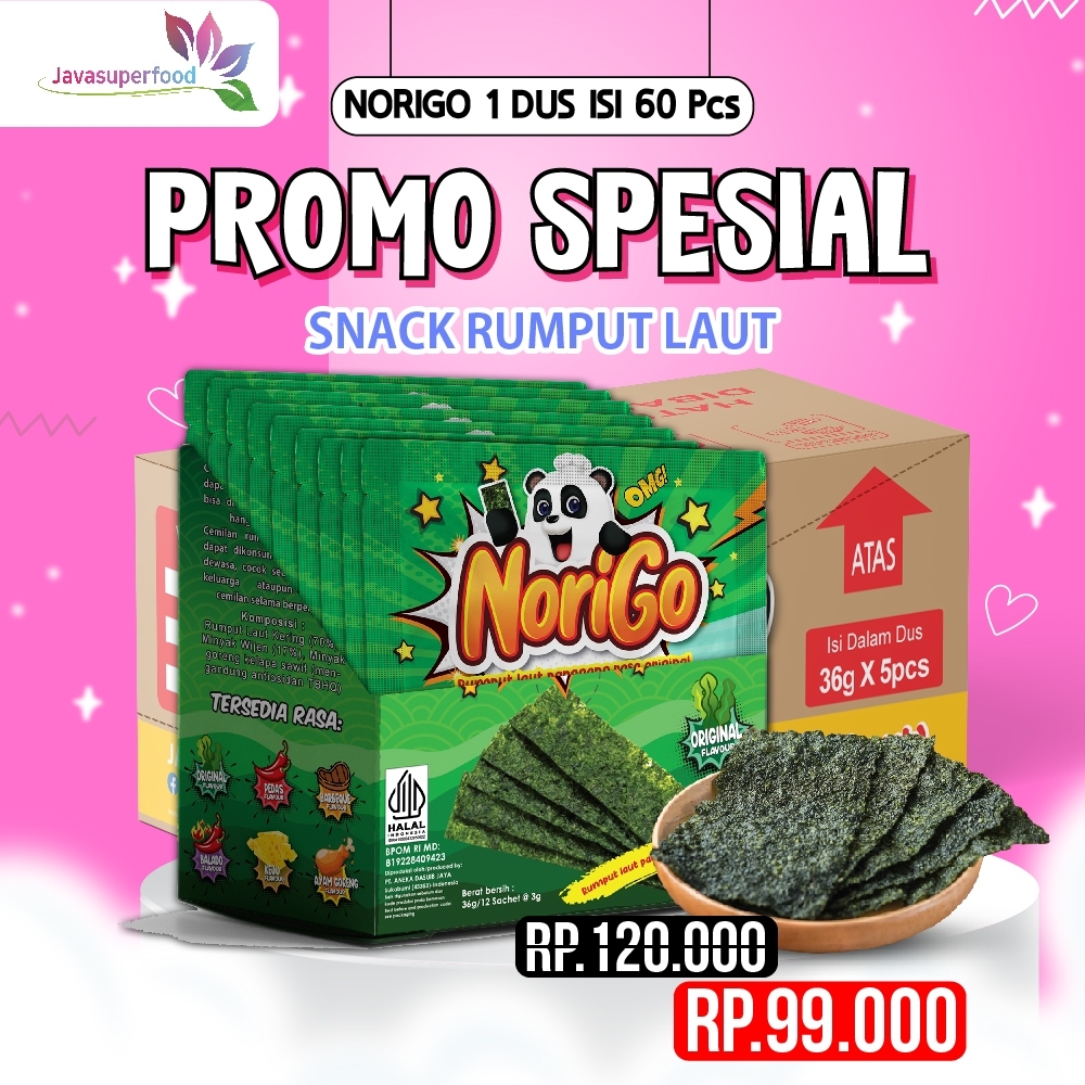 Jual (BELI 1 DUS FREE 10 PCS) Norigo Nori Original Sachet Seaweed Snack ...