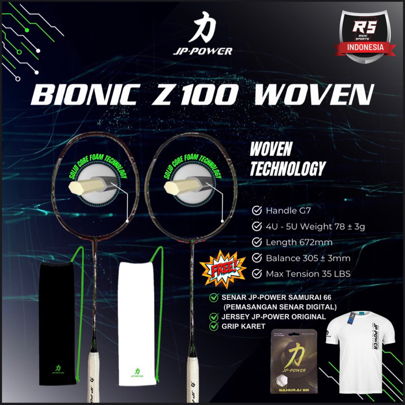 Jual Raket Badminton JP POWER BIONIC Z100 WOVEN FREE BAJU TAS GRIP ...